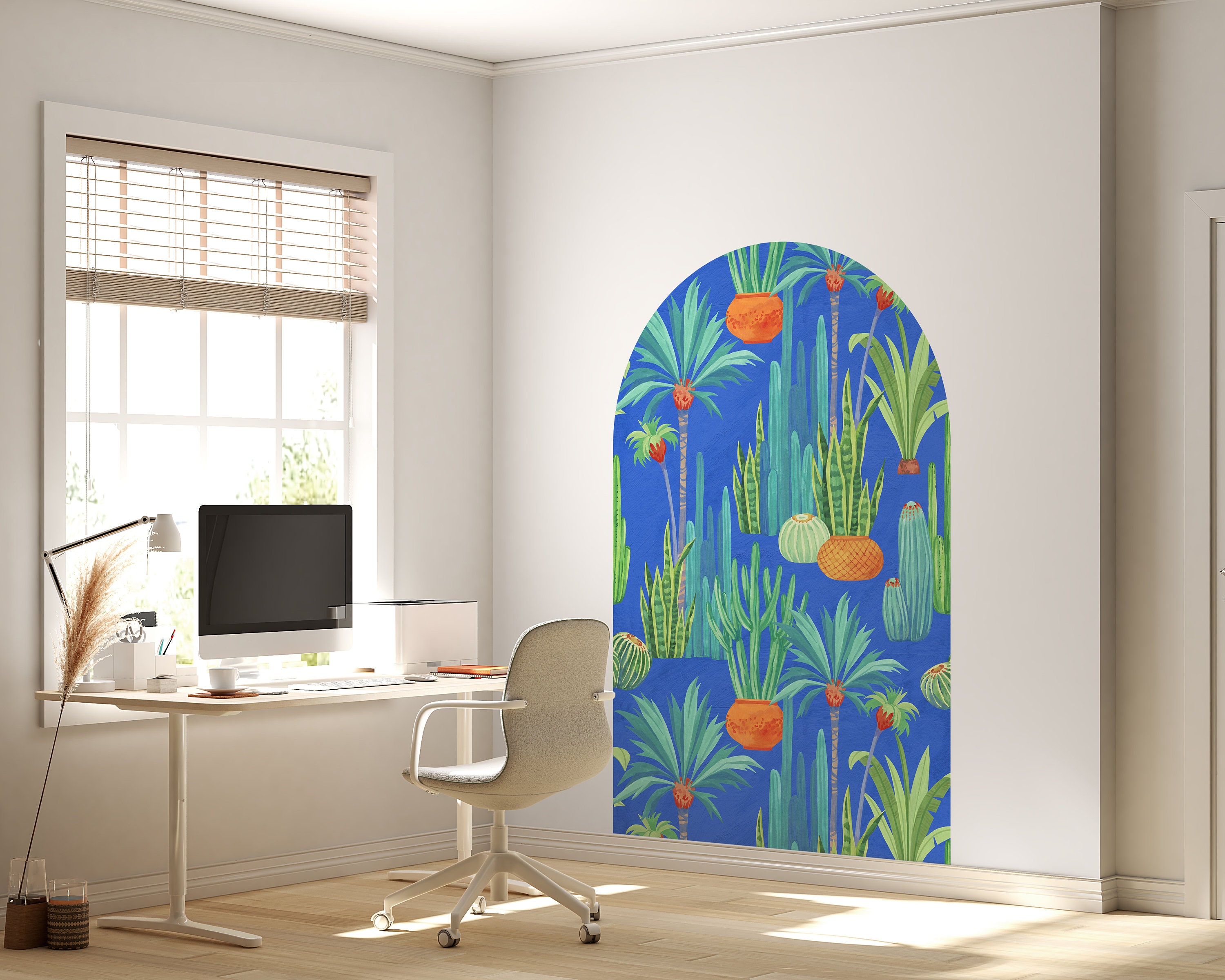 Tropical Blue Wall Decal, Exotic Plants Peel and Stick Arch Wallpaper ...
