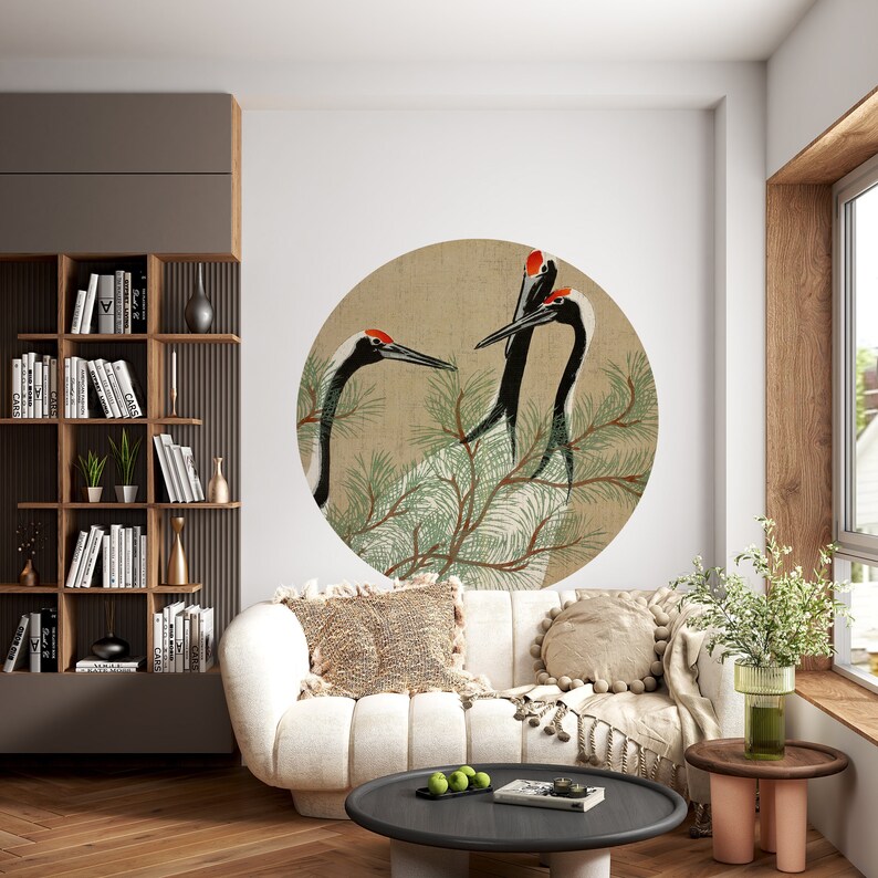 Crane Wallpaper Mural Circle Sticker, Removable Circle Decal, Room Wall ...
