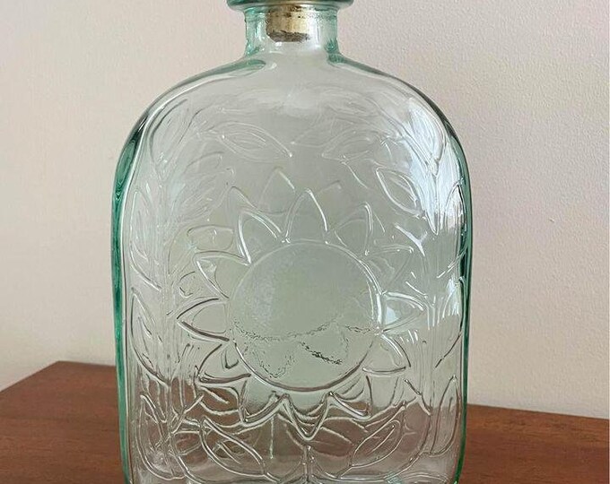 Vintage Light Sage Green Glass Bottle With Cork Lid | Sunflower Pattern ...