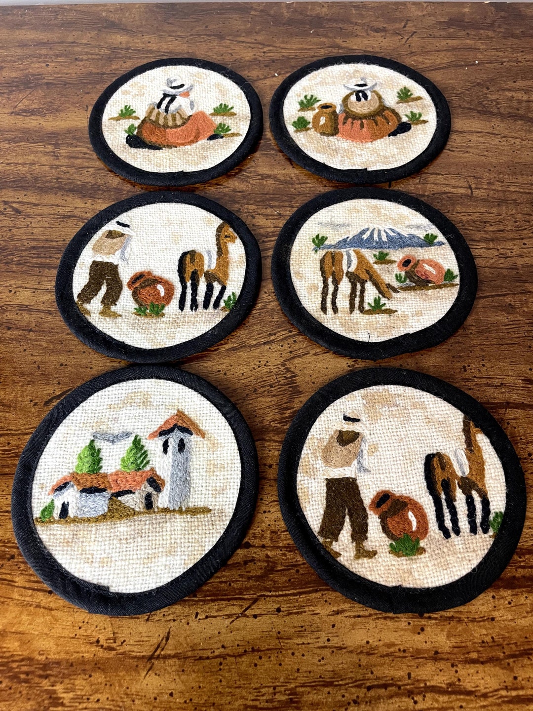 Rare Vintage Handwoven Peru Coaster Set 6pc Boho Embroidered Coasters W ...