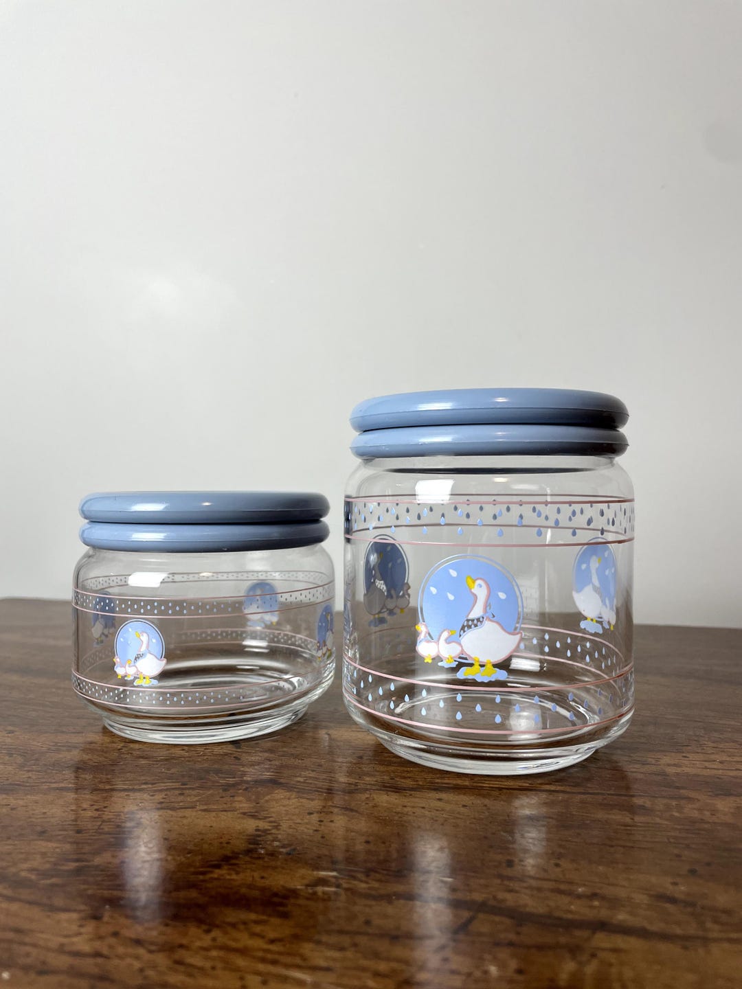 Vintage 2pc Geese Glass Containers | Blue Ribbon Geese Design Glass ...