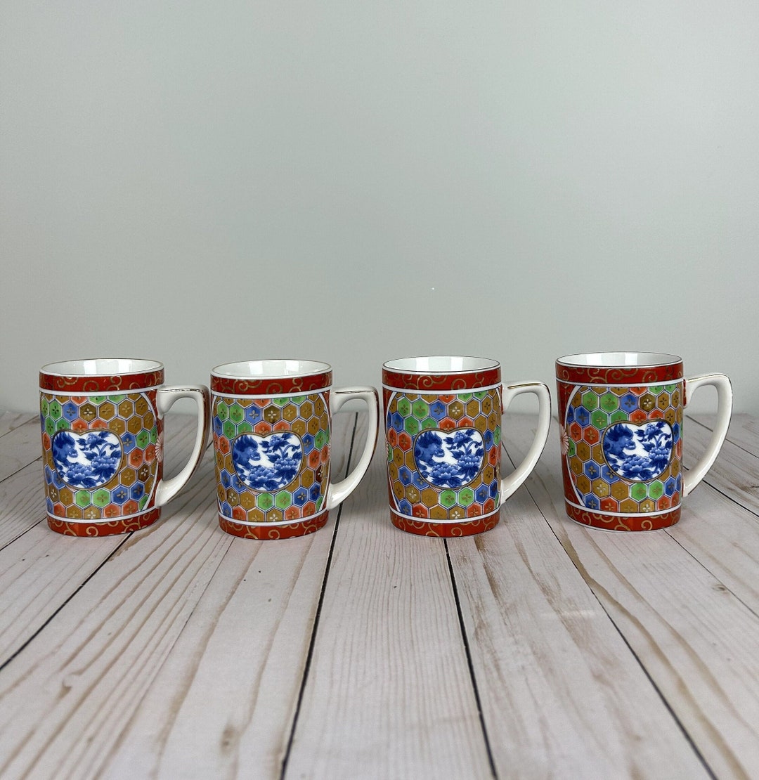 Vintage Kozan Gama Japan Imari Mugs Blue Dragon Phoenix Floral Pattern ...