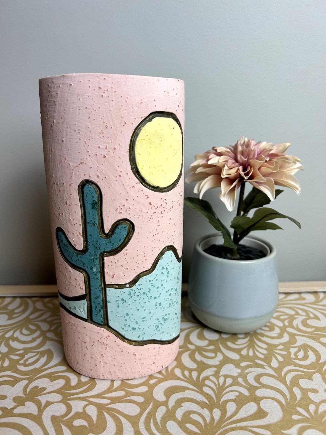 Vintage Pink Ceramic Cactus Vase | Ocean and Sun Design | 8" Decorative ...