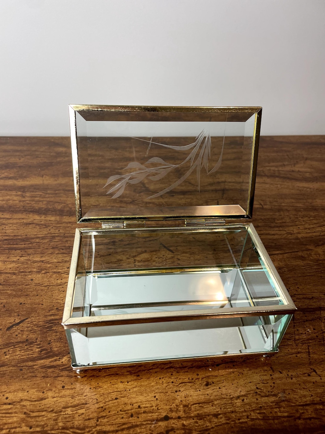 Vintage Etched Jewelry Glass Trinket Box | Rectangular Metal Jewelry ...
