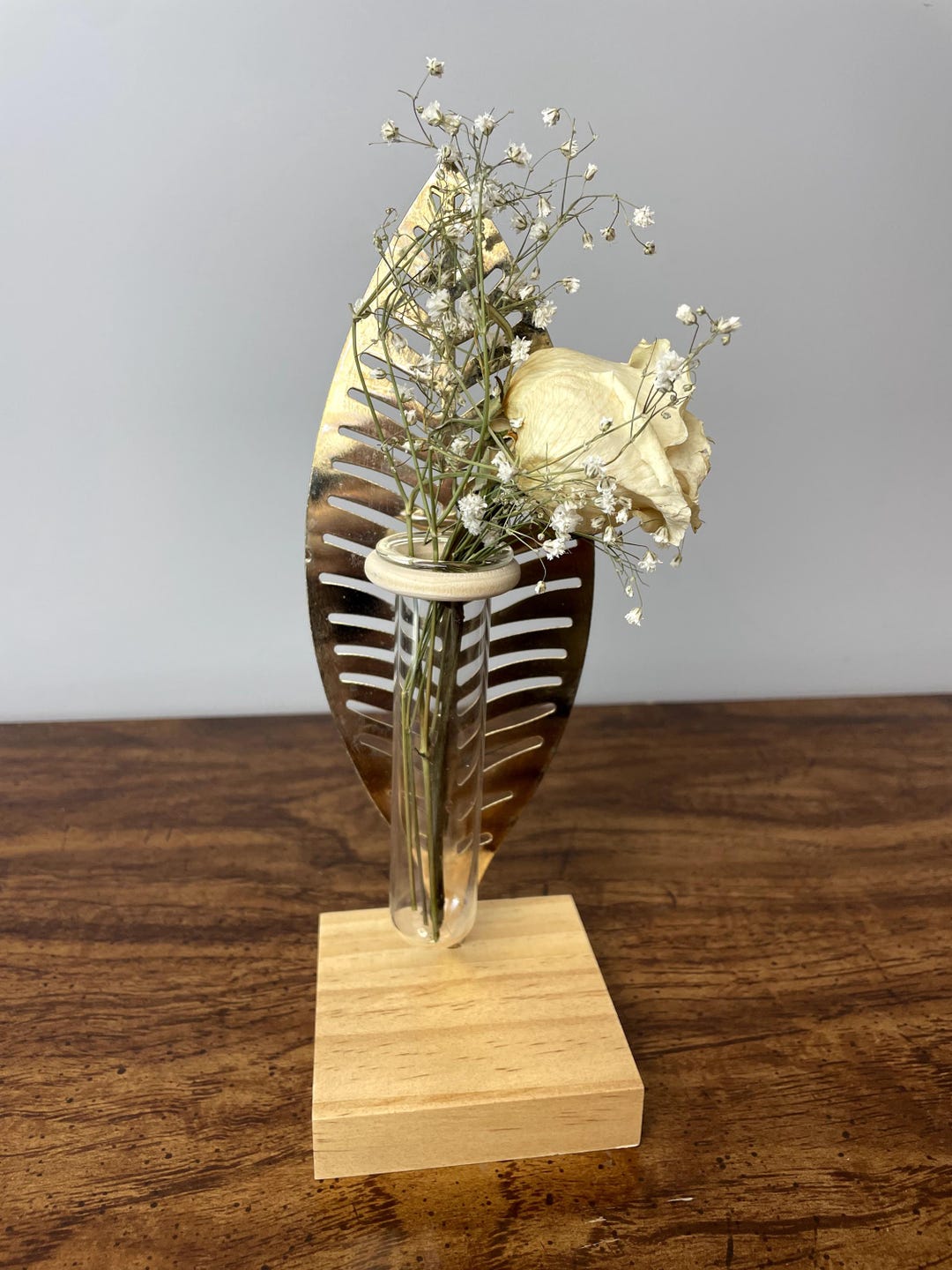 Vintage Unique Shaped Glass Vase | Tube Vase With Golden Leaf Rack and ...