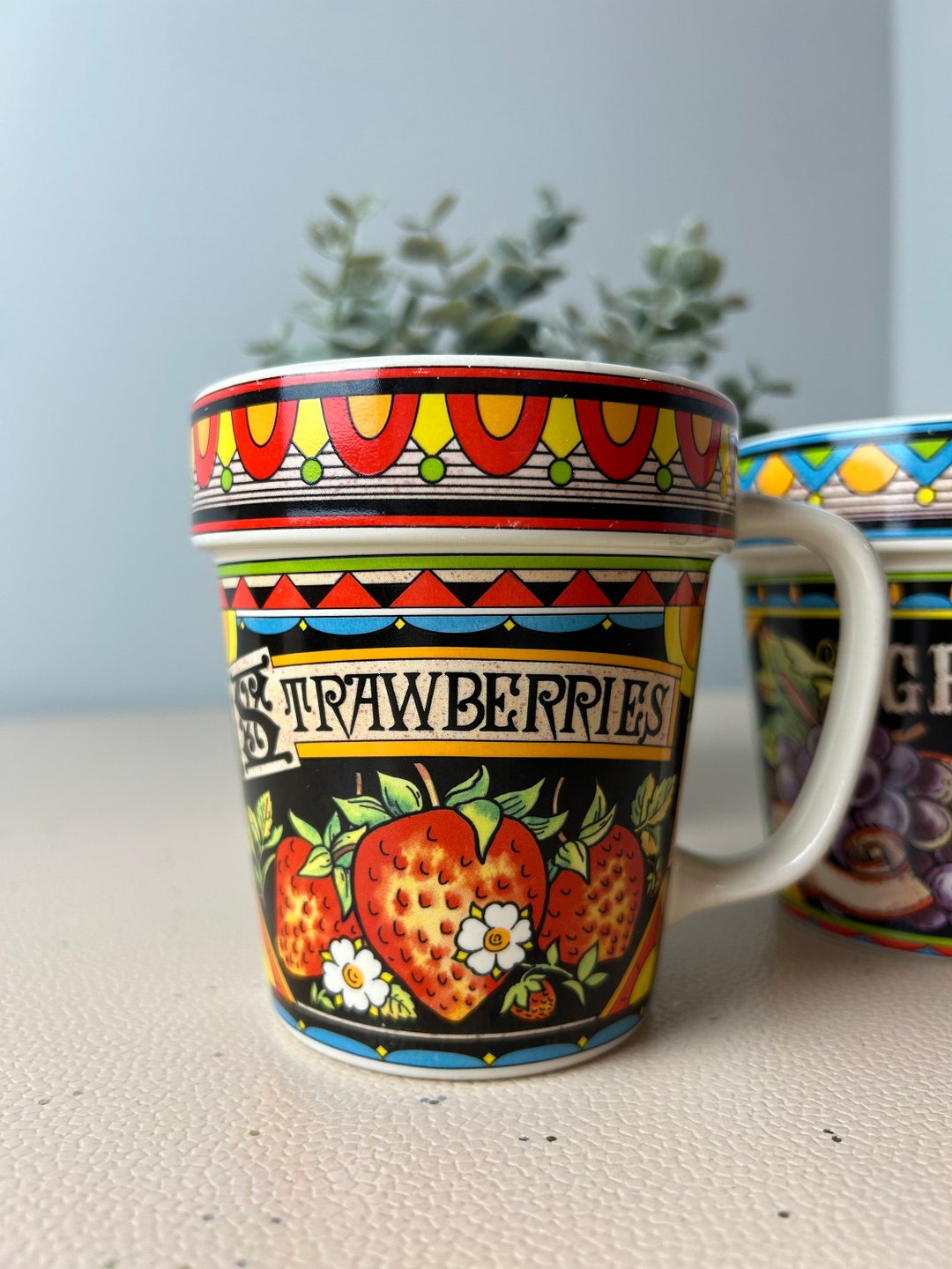 Vintage 1996's Lisa Wehler Strawberry & Grape Giftcraft Pair of Mugs ...
