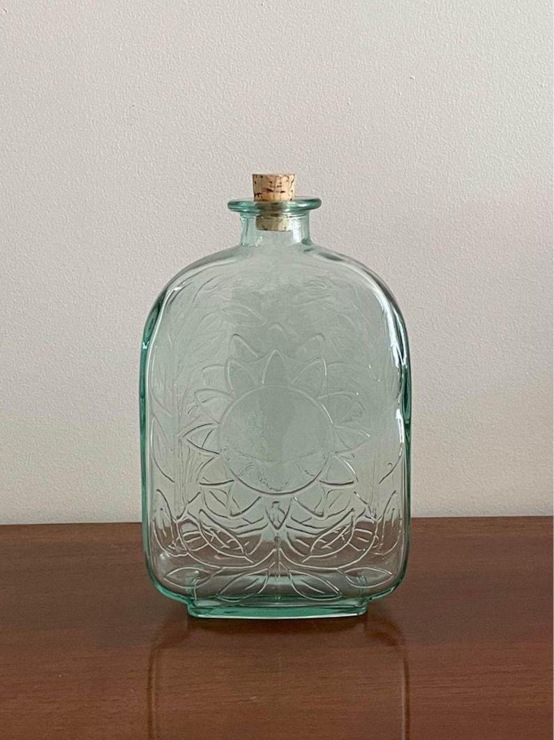 Vintage Light Sage Green Glass Bottle With Cork Lid Sunflower Pattern ...