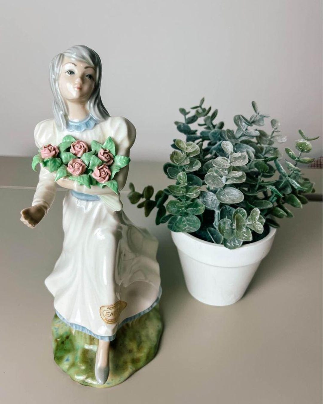 Rare Tengra Porcelain Figurine - Girl Holding Rose Bouquet | Handmade ...