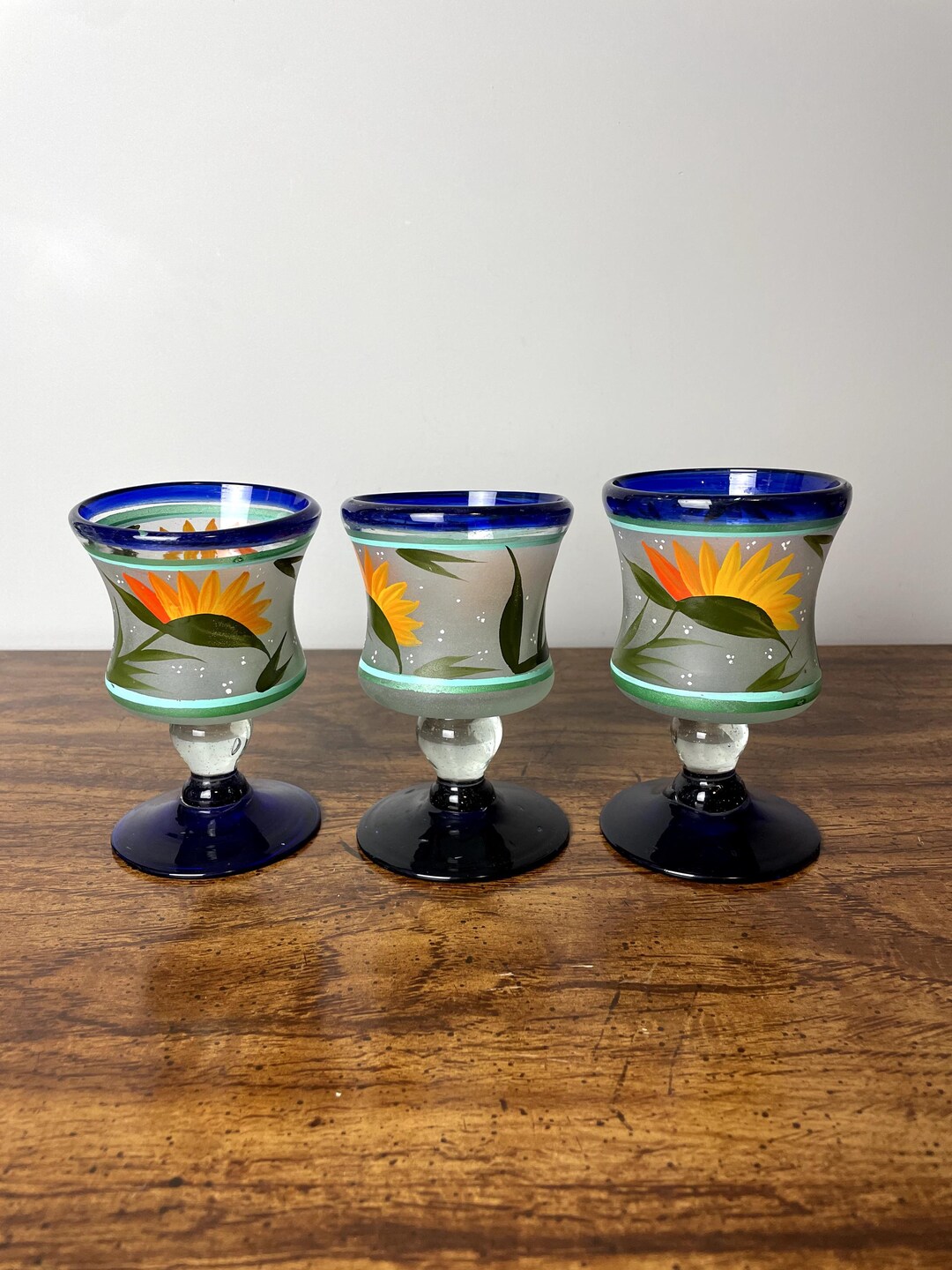 Vintage 3pc Hand-painted Mexican Goblets W/ Floral Designs Rustic ...