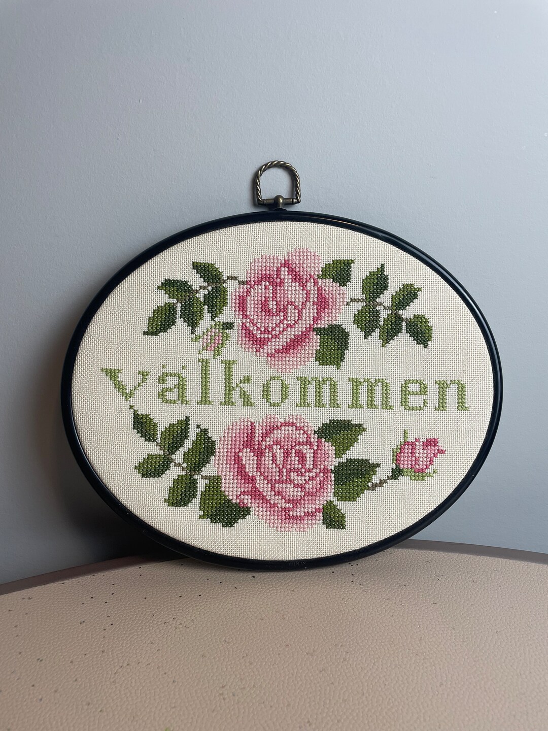 Vintage '91 Valkommen Welcome Cross Stitch Sign Black Frame Preloved ...
