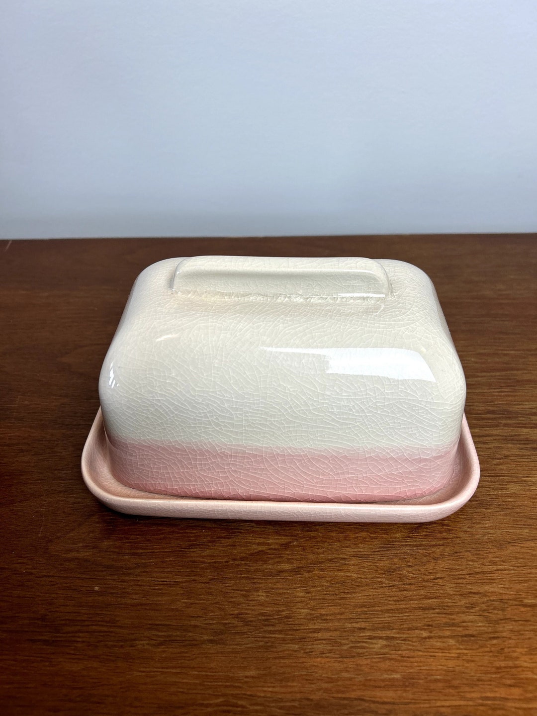 CIROA Pink/white Crackle Stoneware Covered Butter or Cheese Dish With ...