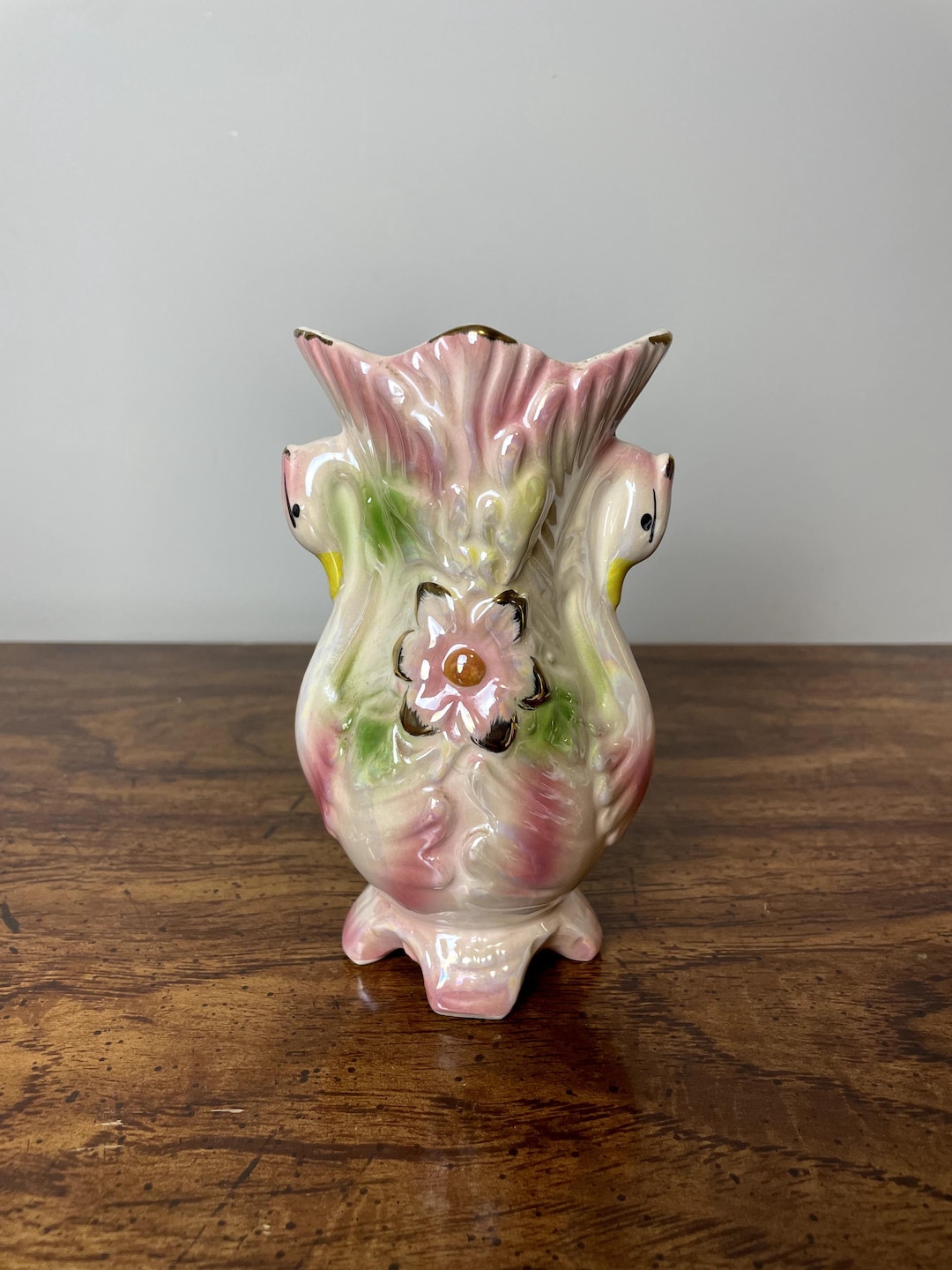 Vintage Swan Vase Pearlized Pink Floral Lusterware | Ceramic Porcelain ...