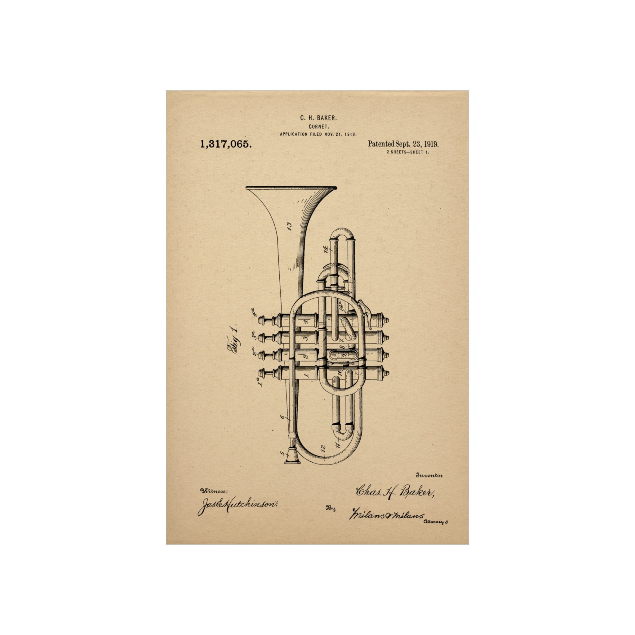 Art Deco Poster, Rare and Unusual Brass Instrument, Four Valve Cornet ...