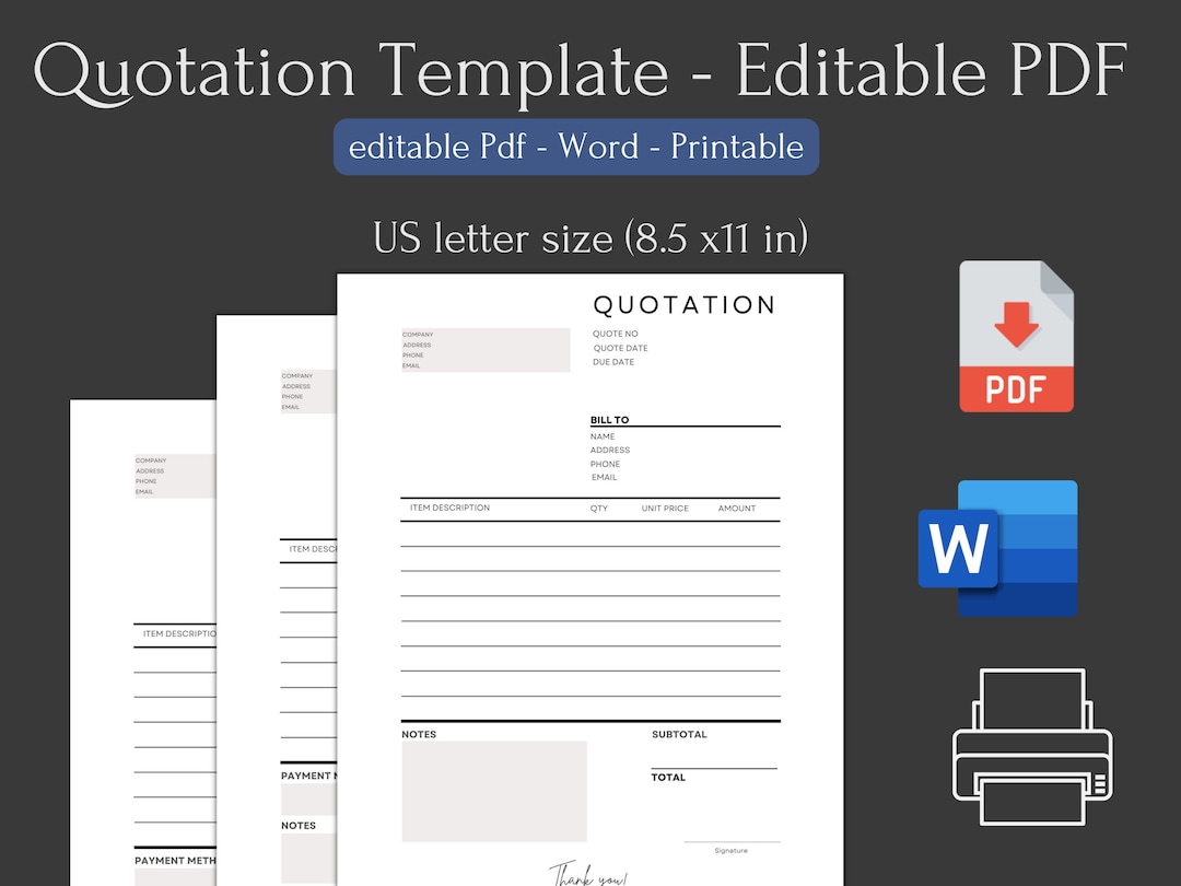 Price Quotation Template, Editable Template, Small Business, Printable ...