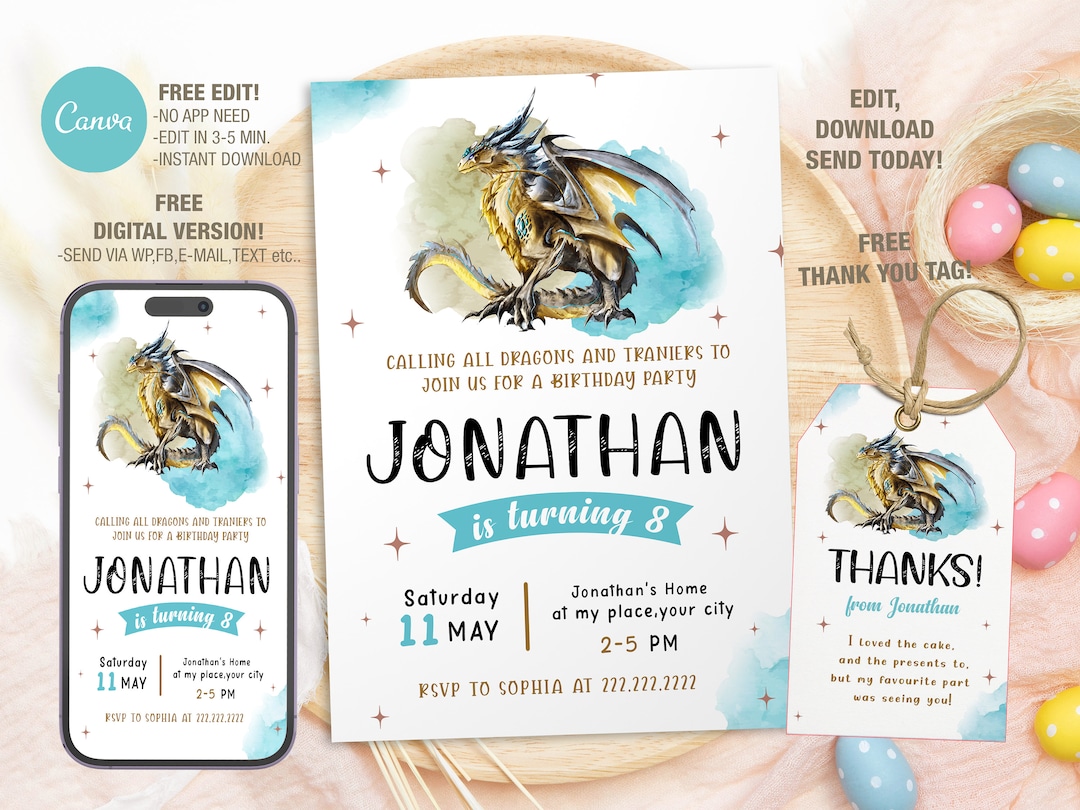 Editable Dragon Birthday Invitation Template, Printable Birthday Party ...