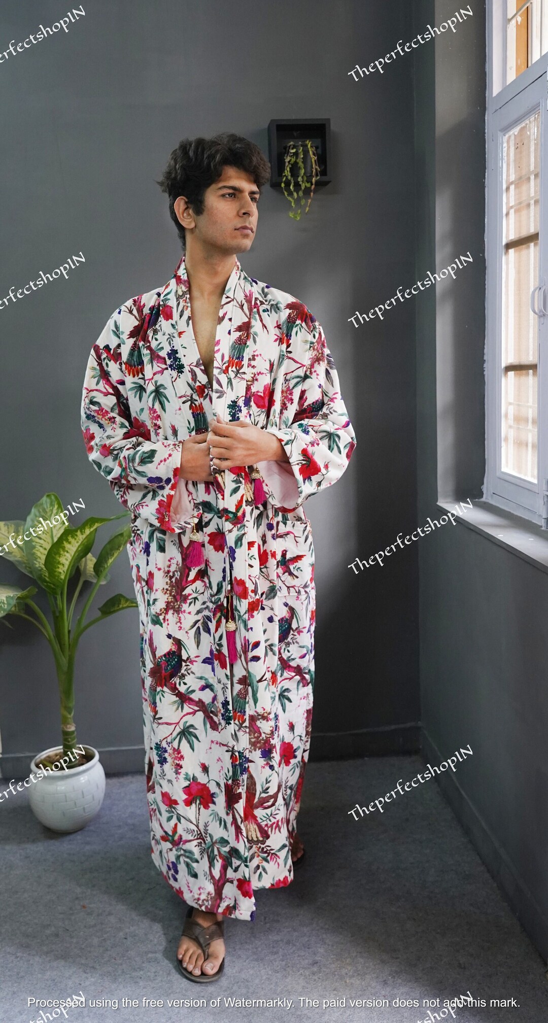 OFMD White Bird Velvet Banyan Fabric Kimono Cotton Velvet Robe Long ...