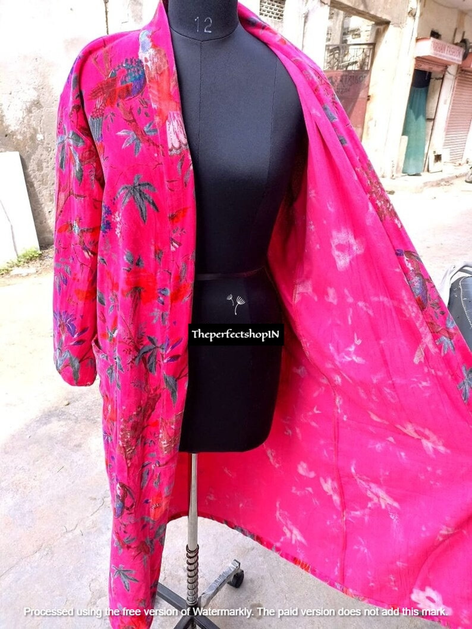 Pink Bird Velvet Banyan Fabric Kimono Cotton Velvet Robe Long - Etsy