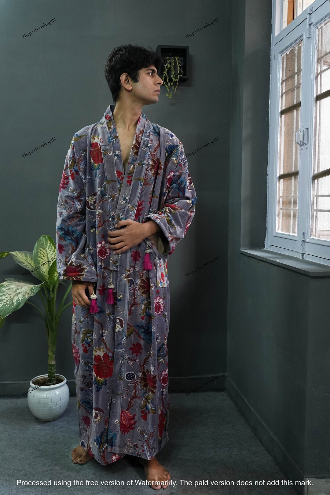 OFMD Gullen Print Velvet Banyan Fabric Kimono Cotton Velvet Robe Long ...