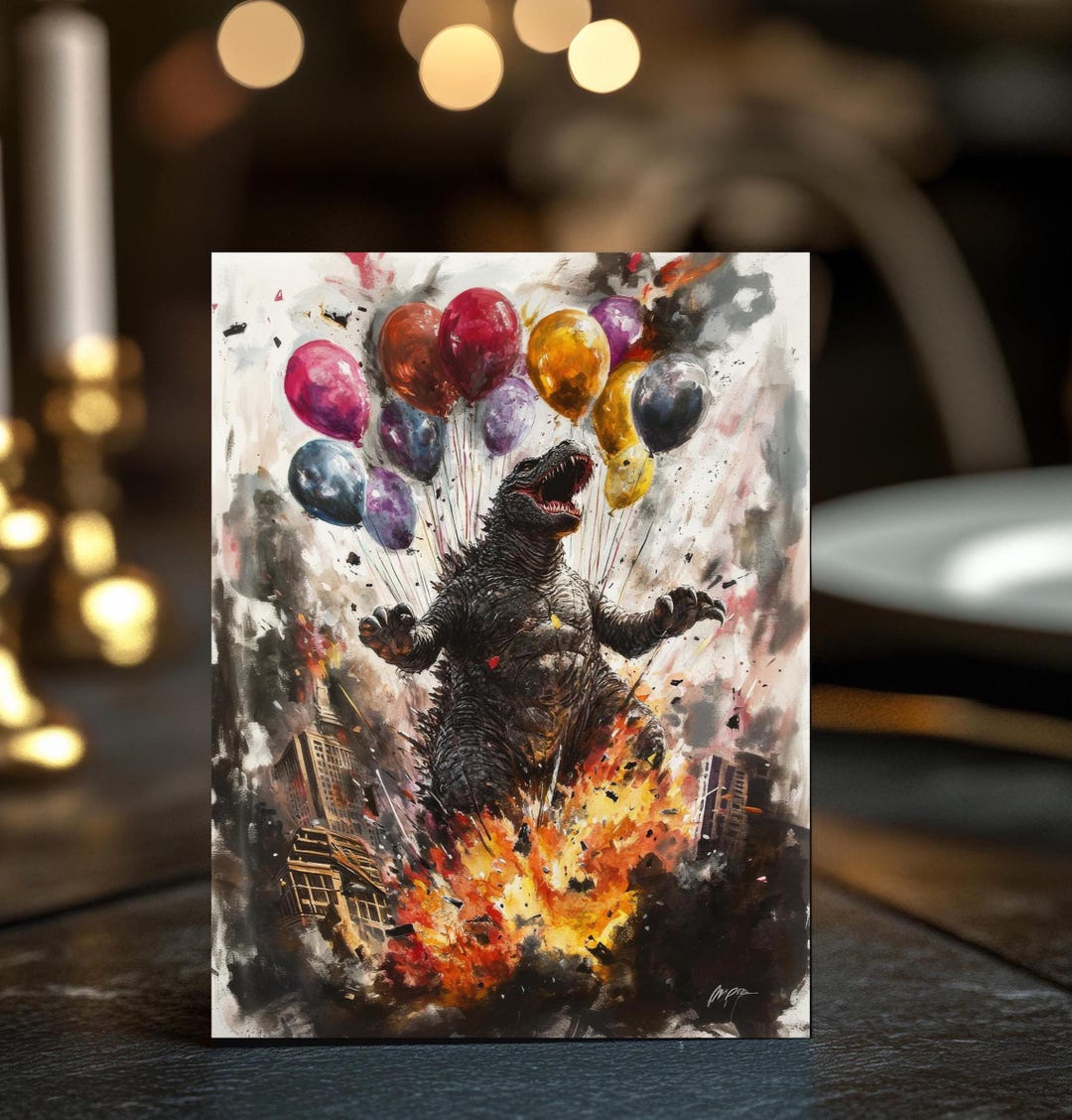 Roaring Godzilla Birthday Card - Balloons & City Destruction, Gothic ...