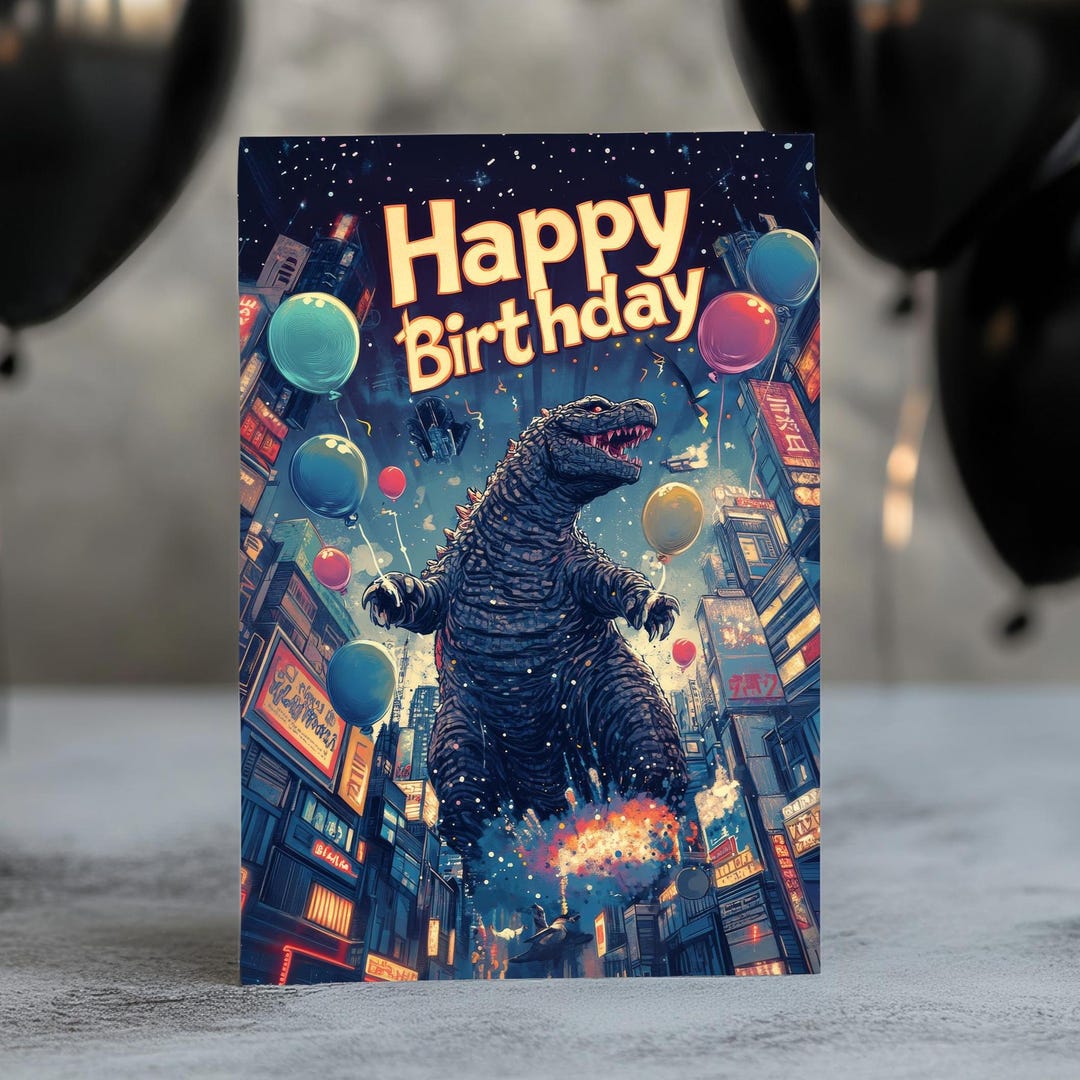 Kaiju Celebration Incoming – Godzilla Parody Birthday Card, Balloons ...