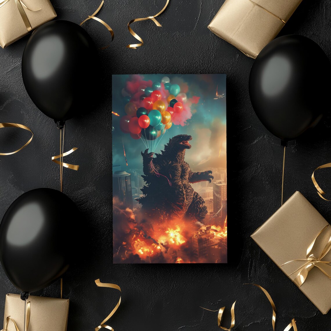 Godzilla's Balloon Fiesta: Colorful Celebration Birthday Card - Monster ...