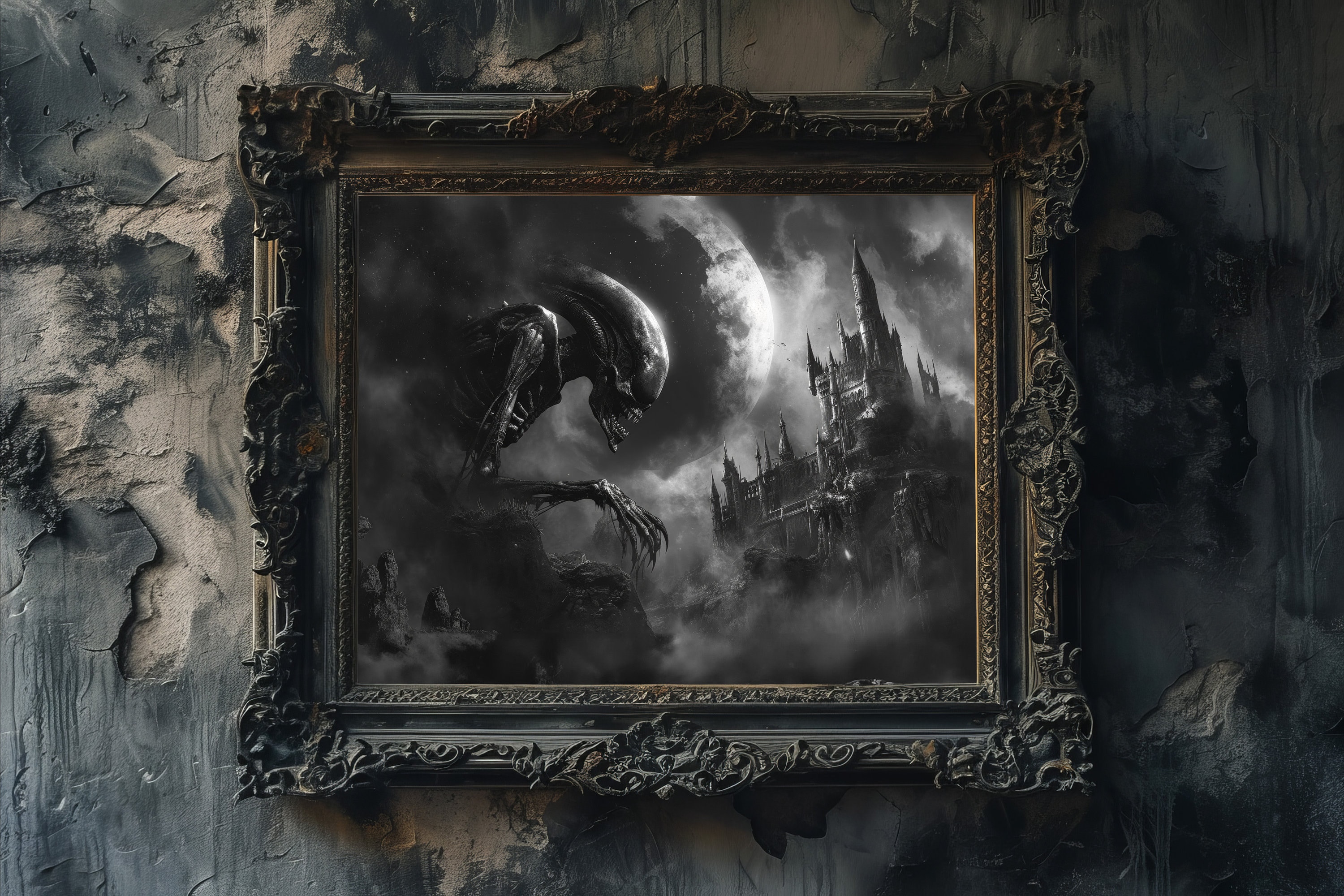 Gothic Xenomorph Art Print, Alien Castle Siege Scene, Sci-fi Horror ...
