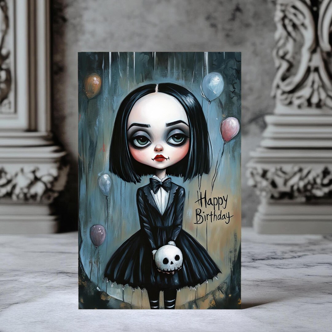 Wednesday Addams-inspired Birthday Card With Skull | Gothic Dark Humor ...