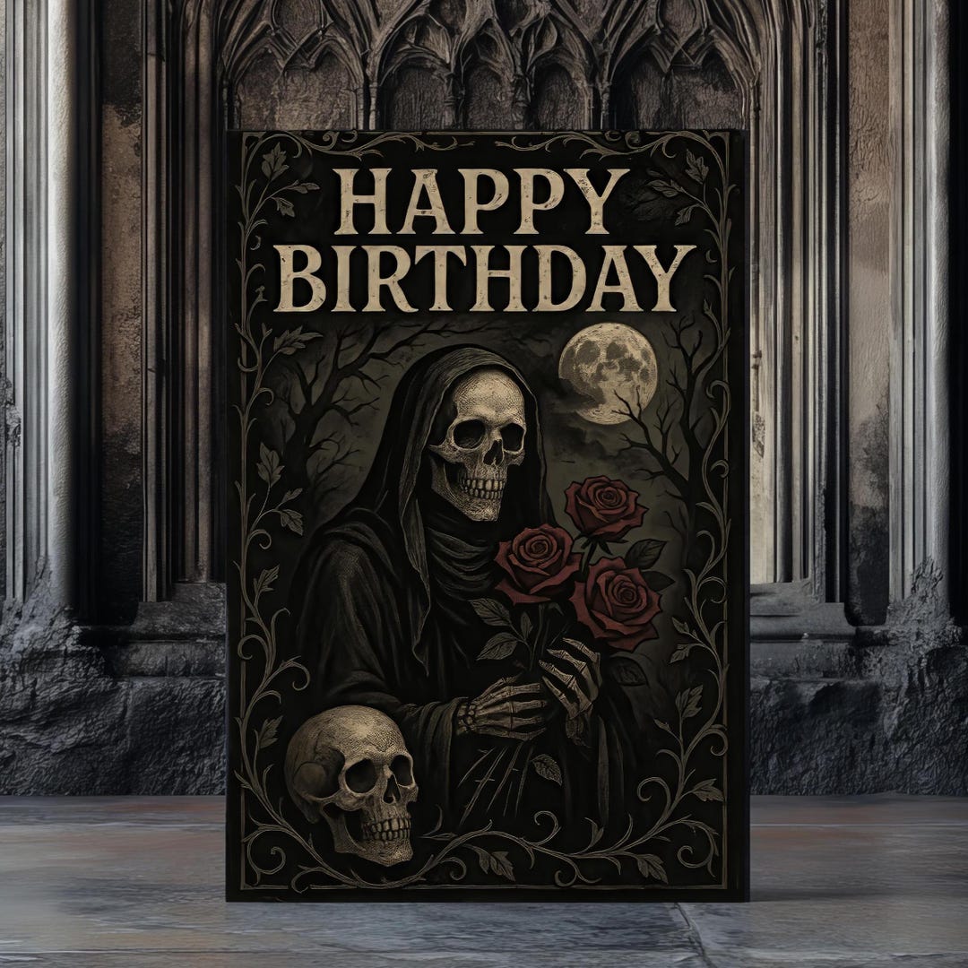 Grim Birthday Romance – Gothic Birthday Card With Grim Reaper, Roses ...