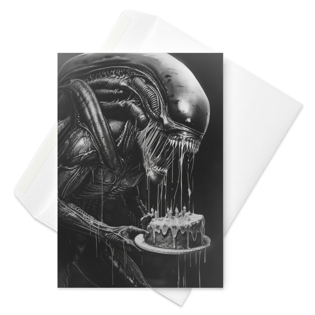 Alien Indulgence Gothic Xenomorph Birthday Card, Messy Cake Encounter ...