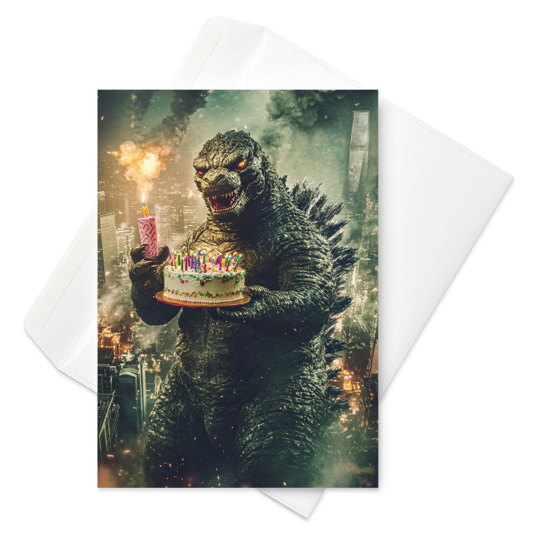 Godzilla's Gaze: Gothic Birthday Card Monster in Ruins, Kaiju With Cake ...
