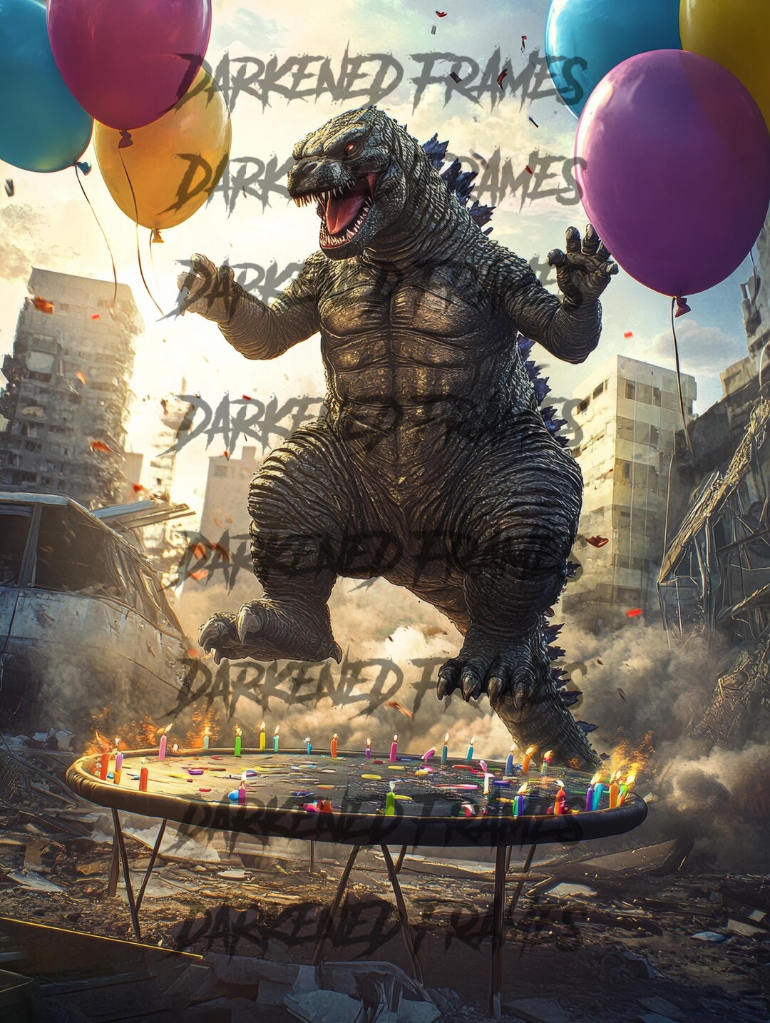 Godzilla Trampoline Bounce Digital Art - Kaiju Fun, Destroyed City ...