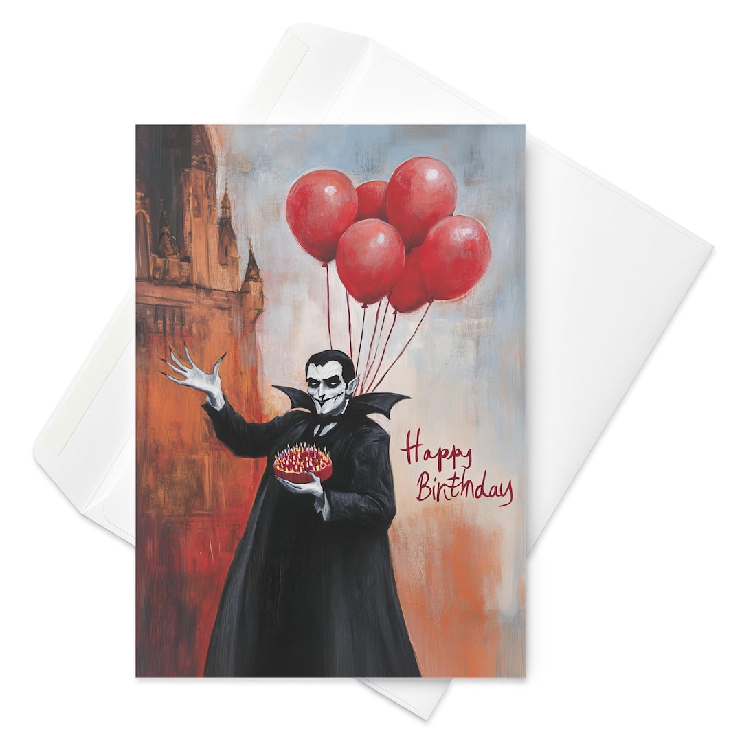 Dracula Birthday Card With Cake & Balloons | Gothic Horror Humor | Funny Vampire Celebration - Etsy