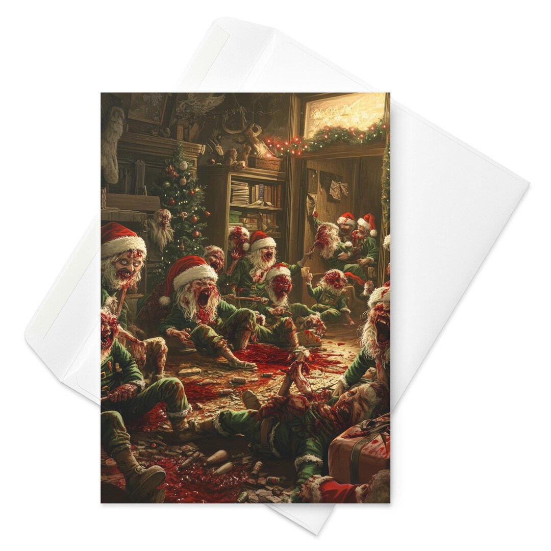 Elf Apocalypse: Darkly Funny Parody Christmas Card Santas Elves Gone ...