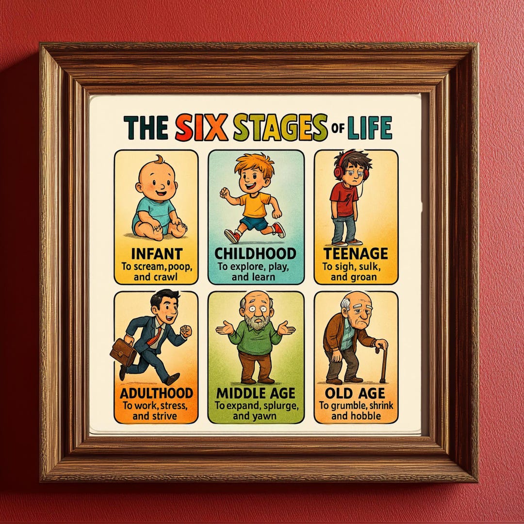 Life’s Greatest Hits – Funny Six Stages of Life Art Print, Aging Humor ...