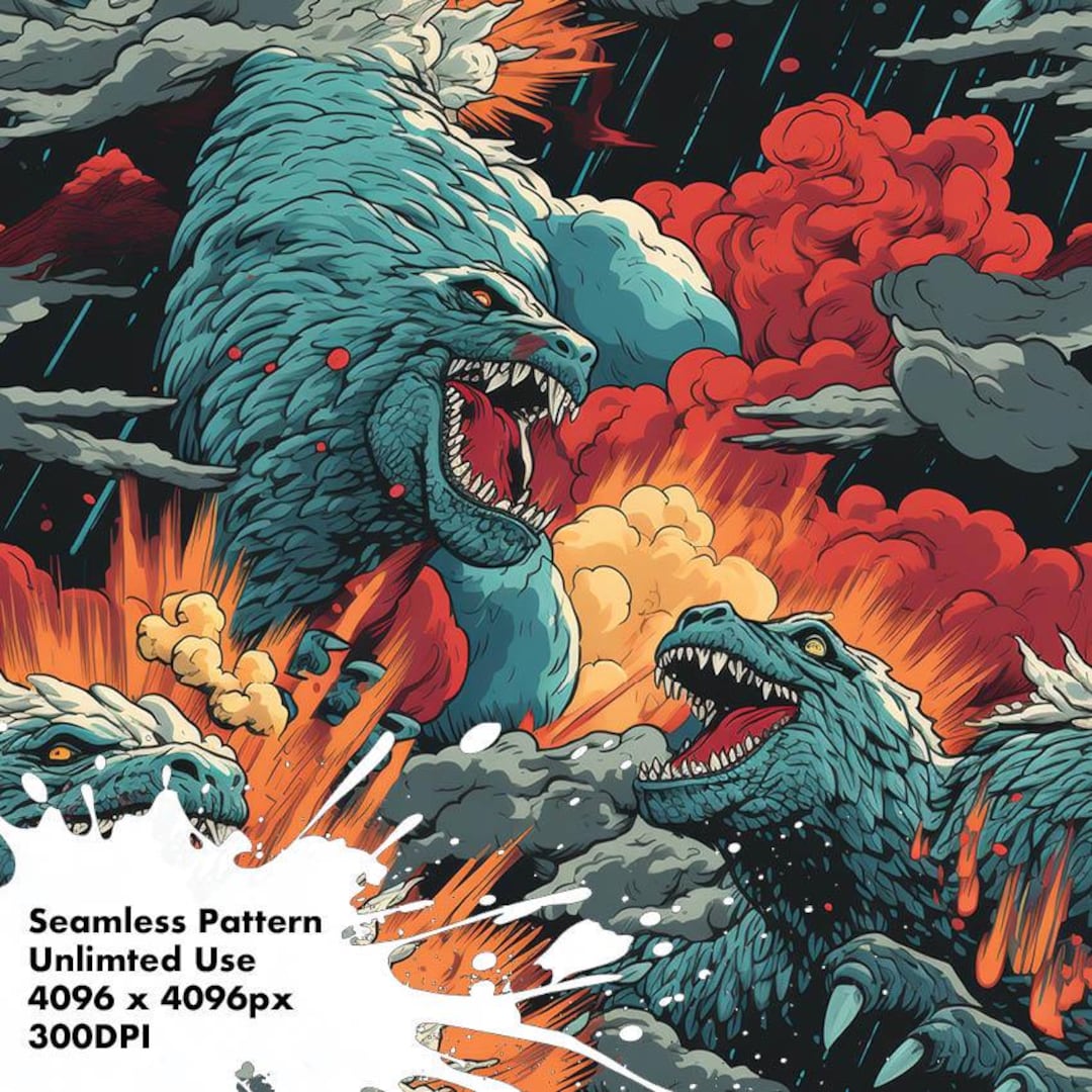 Colorful Godzilla Battle Vibrant Digital Seamless Pattern for Crafts ...