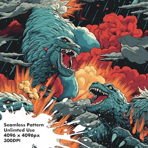 Colorful Godzilla Battle Vibrant Digital Seamless Pattern for Crafts ...