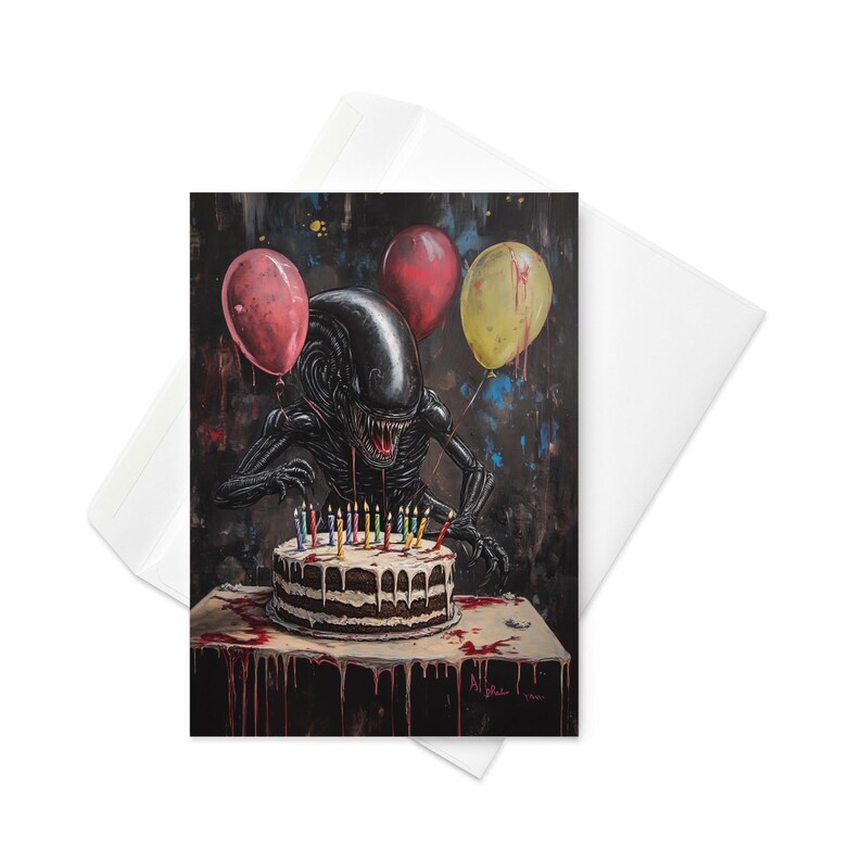 Xenomorph Alien Birthday Card Gothic Horror Theme With Balloons, Unique ...