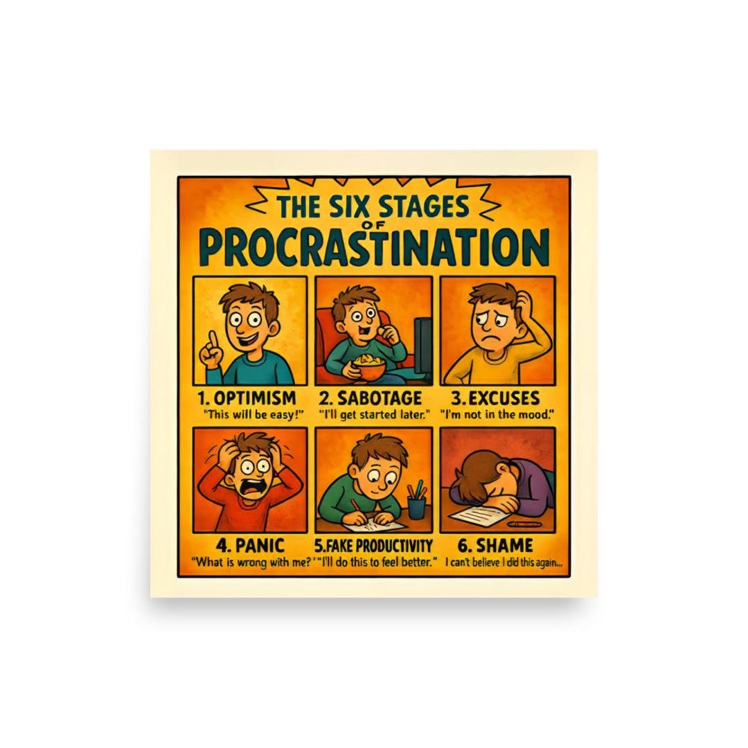 The Six Stages of Procrastination Art Print | Funny Parody Wall Decor ...