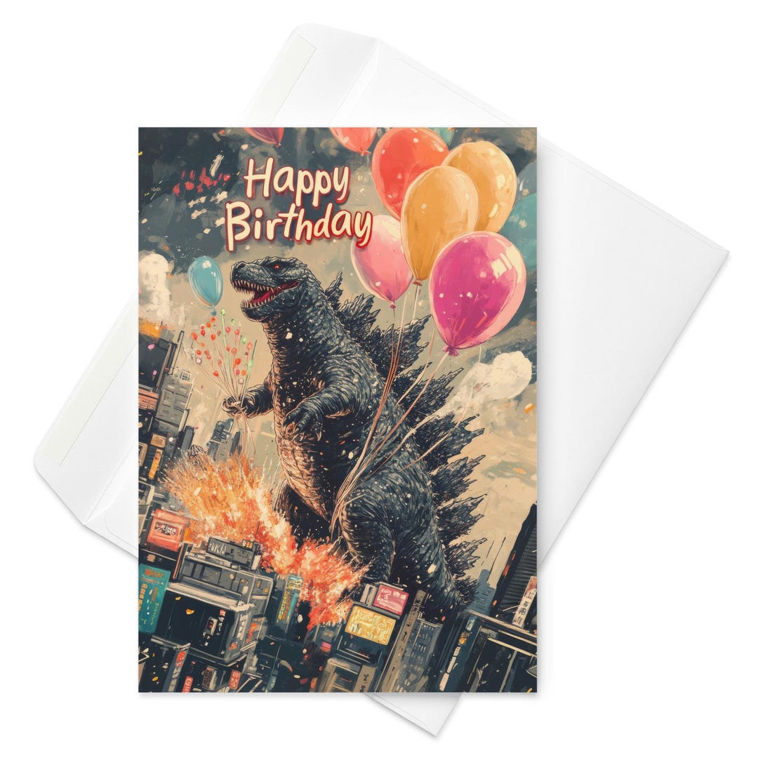 Artistic Godzilla Stomp Birthday Card - Balloons & City Smash, Gothic ...