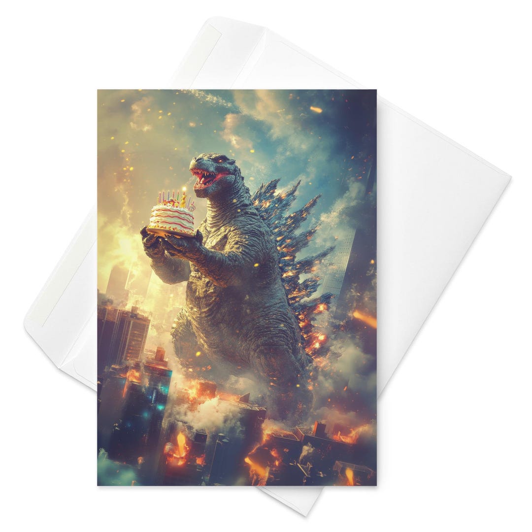 Godzilla's Celebration: Gothic Cityscape Birthday Card - Monster Art ...