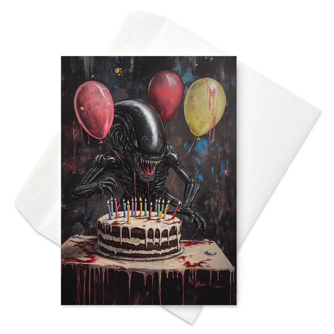 Xenomorph Alien Birthday Card Gothic Horror Theme With Balloons, Unique ...