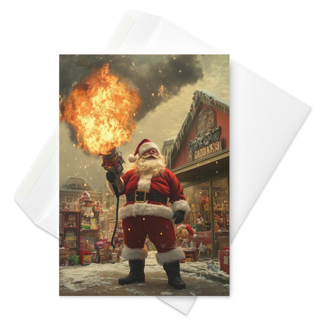 Dark Humor Christmas Card | Santa With Flamethrower at Toy Shop | Funny ...