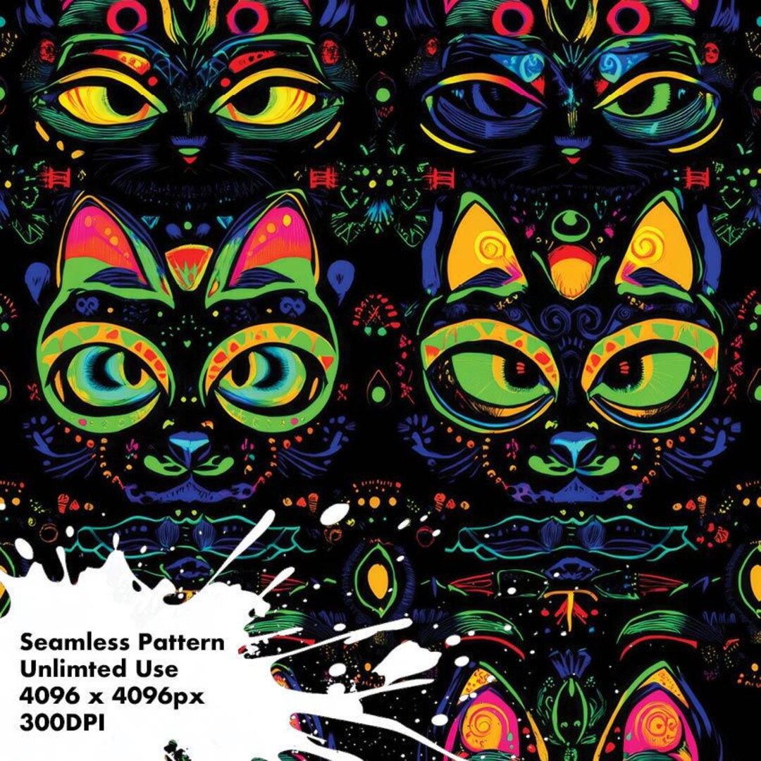 Neon Cat Face Vibes - Bold Digital Seamless Pattern for Crafts, Fabric ...