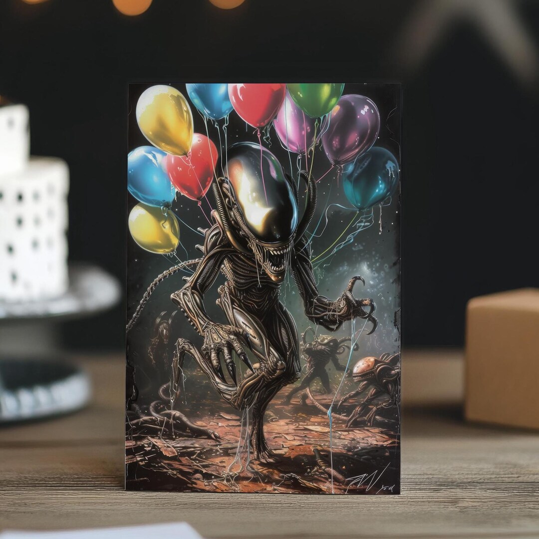 Xenoleap Surprise: Jumping Xenomorph With Balloons Birthday Card, Sci ...