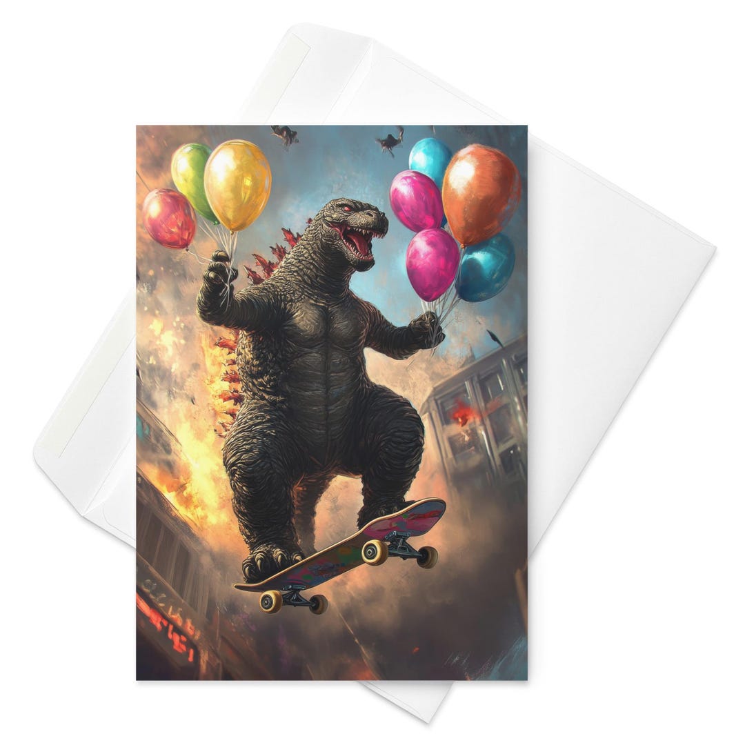 Flaming Streets: Godzilla Skates Through Chaos Gothic Birthday Card ...