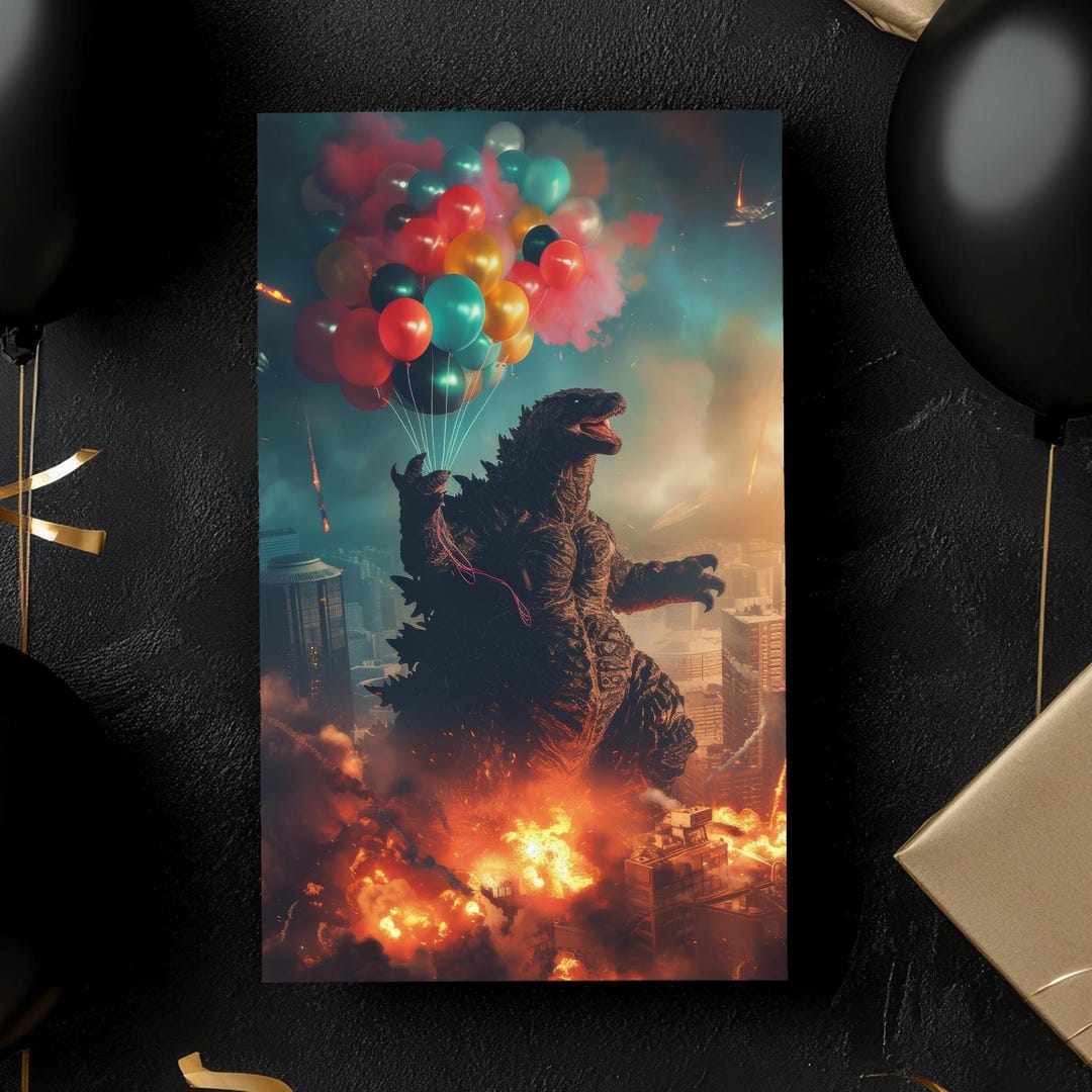 Godzilla's Balloon Fiesta: Colorful Celebration Birthday Card - Monster ...