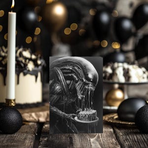 Alien Indulgence - Gothic Xenomorph Birthday Card, Messy Cake Encounter ...