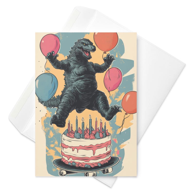 Godzilla Birthday Bash Card Funny Kaiju Greeting Monster Holding ...