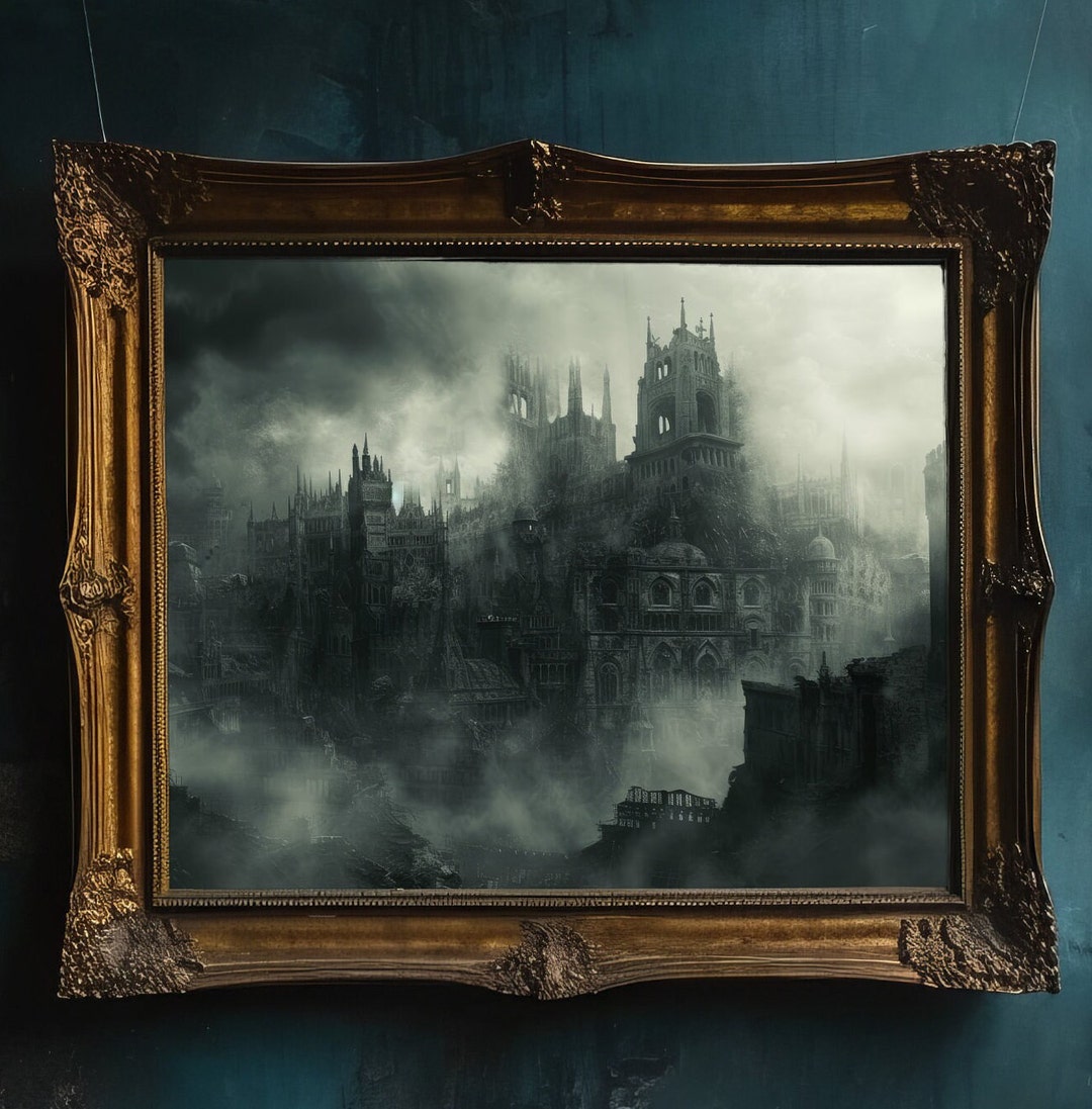 Gothic Horror Cityscape Art Print, Dark Urban Fantasy, Spooky Skyline ...