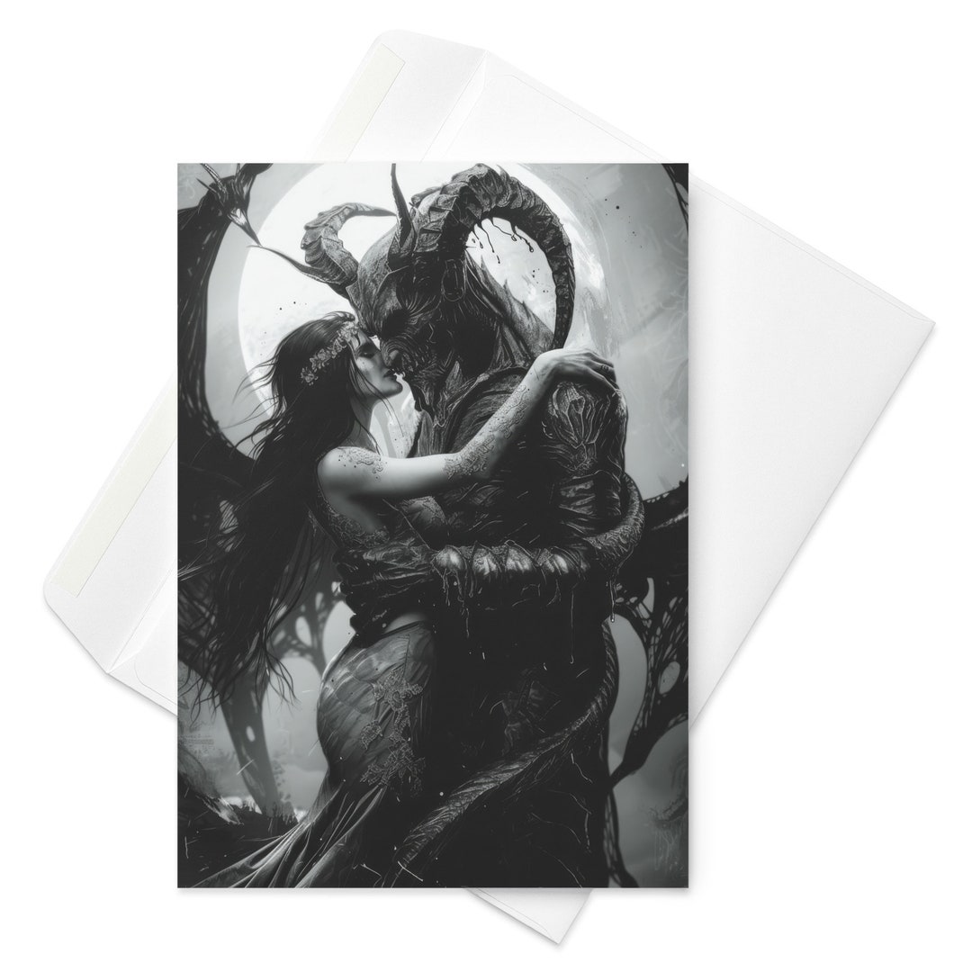 Gothic Valentine's Day Card - Satan Embracing Bride - Black and White ...